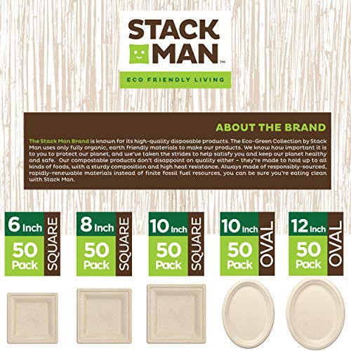 100% Compostable 9 Inch Paper Plates [125-Pack] Heavy-Dut, Natural Disposable Bagasse Plate, Eco-Friendly Made of Sugarcane Fibers - Natural Unbleached Brown 9" Biodegradable Plate by Stack Man