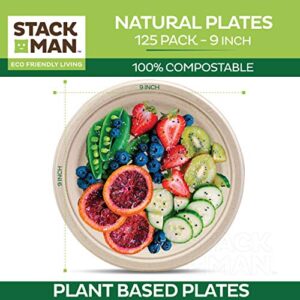 100% Compostable 9 Inch Paper Plates [125-Pack] Heavy-Dut, Natural Disposable Bagasse Plate, Eco-Friendly Made of Sugarcane Fibers - Natural Unbleached Brown 9" Biodegradable Plate by Stack Man