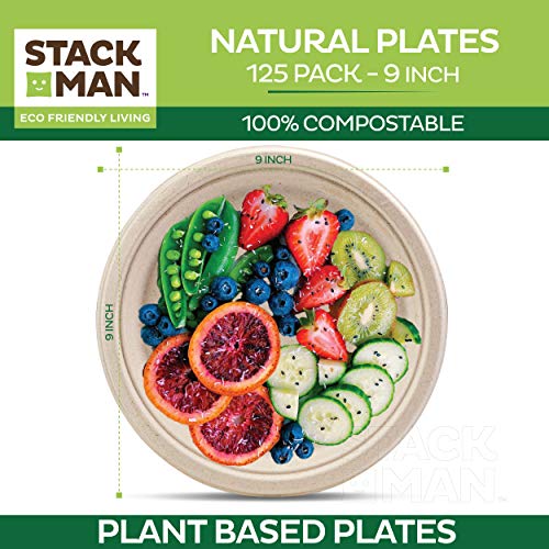 100% Compostable 9 Inch Paper Plates [125-Pack] Heavy-Dut, Natural Disposable Bagasse Plate, Eco-Friendly Made of Sugarcane Fibers - Natural Unbleached Brown 9" Biodegradable Plate by Stack Man