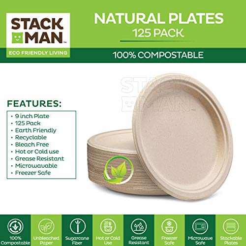 100% Compostable 9 Inch Paper Plates [125-Pack] Heavy-Dut, Natural Disposable Bagasse Plate, Eco-Friendly Made of Sugarcane Fibers - Natural Unbleached Brown 9" Biodegradable Plate by Stack Man