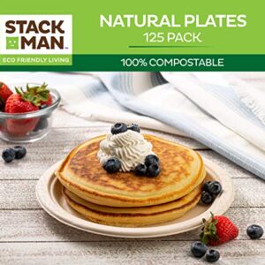 100% Compostable 9 Inch Paper Plates [125-Pack] Heavy-Dut, Natural Disposable Bagasse Plate, Eco-Friendly Made of Sugarcane Fibers - Natural Unbleached Brown 9" Biodegradable Plate by Stack Man