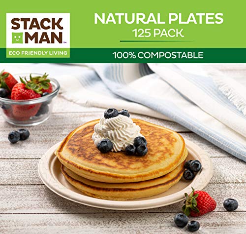 100% Compostable 9 Inch Paper Plates [125-Pack] Heavy-Dut, Natural Disposable Bagasse Plate, Eco-Friendly Made of Sugarcane Fibers - Natural Unbleached Brown 9" Biodegradable Plate by Stack Man