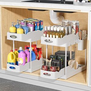 under sink organizers and storage,2 pack kitchen under sink organizer with sliding storage drawer with hooks and hanging cups, 2 tier under sink storage for cabinet bathroom kitchen