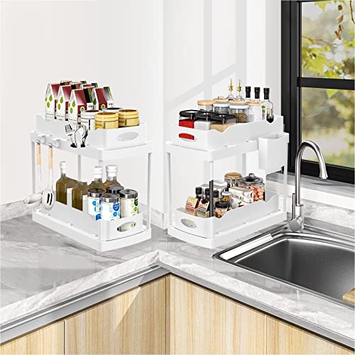 Under Sink Organizers and Storage,2 Pack Kitchen Under Sink Organizer with Sliding Storage Drawer with Hooks and Hanging Cups, 2 Tier Under Sink Storage for Cabinet Bathroom Kitchen