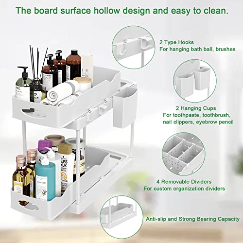 Under Sink Organizers and Storage,2 Pack Kitchen Under Sink Organizer with Sliding Storage Drawer with Hooks and Hanging Cups, 2 Tier Under Sink Storage for Cabinet Bathroom Kitchen