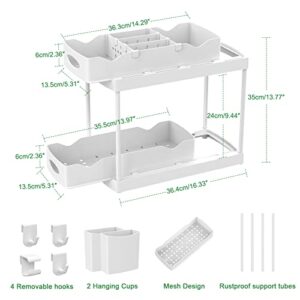 Under Sink Organizers and Storage,2 Pack Kitchen Under Sink Organizer with Sliding Storage Drawer with Hooks and Hanging Cups, 2 Tier Under Sink Storage for Cabinet Bathroom Kitchen