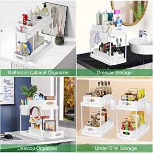 Under Sink Organizers and Storage,2 Pack Kitchen Under Sink Organizer with Sliding Storage Drawer with Hooks and Hanging Cups, 2 Tier Under Sink Storage for Cabinet Bathroom Kitchen