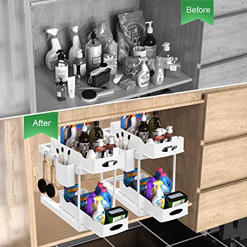 Under Sink Organizers and Storage,2 Pack Kitchen Under Sink Organizer with Sliding Storage Drawer with Hooks and Hanging Cups, 2 Tier Under Sink Storage for Cabinet Bathroom Kitchen