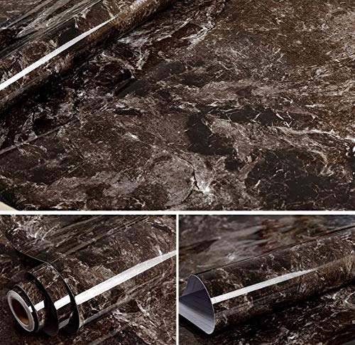 Simplemuji Black Glossy Adhesive Paper Marble Granite Look Effect Countertops Vinyl Film Backsplash Wallpaper Waterproof Oilproof Adhesive Removable 12inch X 79inch