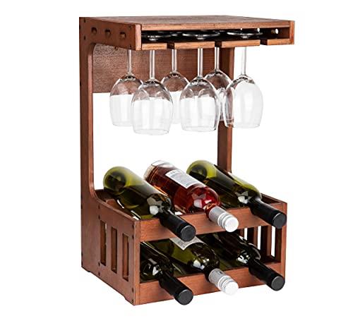 Mind Reader Floating Wooden Decor, 6 Bottle Stand, Stem Glass Organizer-Brown Wine Rack, 20" x 13" x 10"