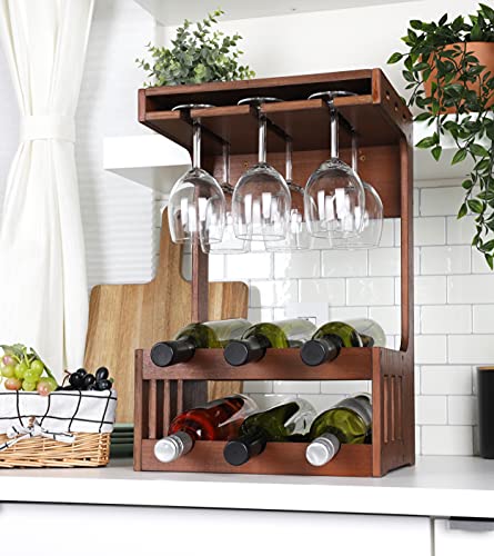 Mind Reader Floating Wooden Decor, 6 Bottle Stand, Stem Glass Organizer-Brown Wine Rack, 20" x 13" x 10"