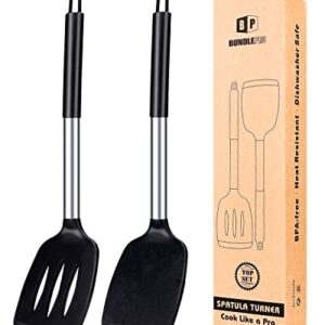 Pack of 2 Silicone Solid Turner ,Non Stick Slotted Kitchen Spatulas ,High Heat Resistant BPA Free Cooking Utensils ,Ideal Cookware for Fish ,Eggs ,Pancakes (Black)