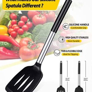 Pack of 2 Silicone Solid Turner ,Non Stick Slotted Kitchen Spatulas ,High Heat Resistant BPA Free Cooking Utensils ,Ideal Cookware for Fish ,Eggs ,Pancakes (Black)