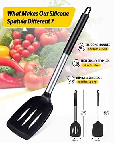 Pack of 2 Silicone Solid Turner ,Non Stick Slotted Kitchen Spatulas ,High Heat Resistant BPA Free Cooking Utensils ,Ideal Cookware for Fish ,Eggs ,Pancakes (Black)