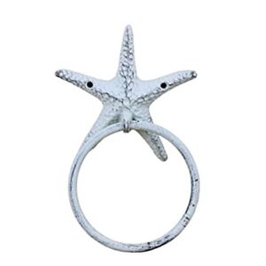 Handcrafted Nautical Decor Rustic Whitewashed Cast Iron Starfish Towel Holder 8.5" - Decorative Starfish -