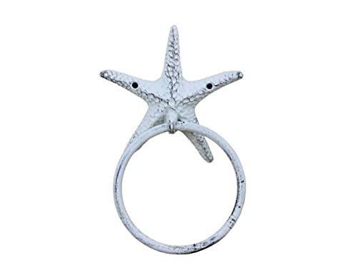 Handcrafted Nautical Decor Rustic Whitewashed Cast Iron Starfish Towel Holder 8.5" - Decorative Starfish -