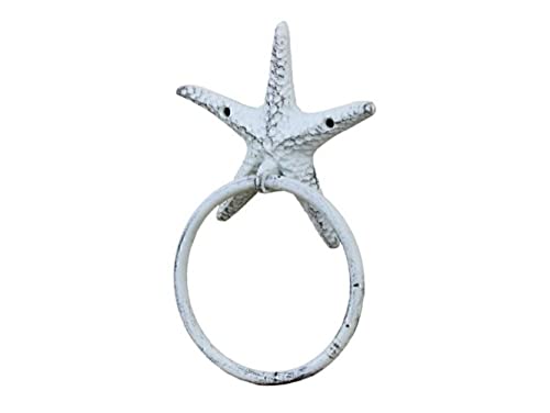 Handcrafted Nautical Decor Rustic Whitewashed Cast Iron Starfish Towel Holder 8.5" - Decorative Starfish -