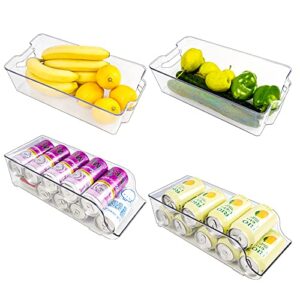 puricon 4 pack clear plastic kitchen organizer, food storage bins and soda can organizer for refrigerator fridge pantry freeze cabinets countertops, bpa free fridge organizer