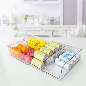 Puricon 4 Pack Clear Plastic Kitchen Organizer, Food Storage Bins and Soda Can Organizer for Refrigerator Fridge Pantry Freeze Cabinets Countertops, BPA Free Fridge Organizer