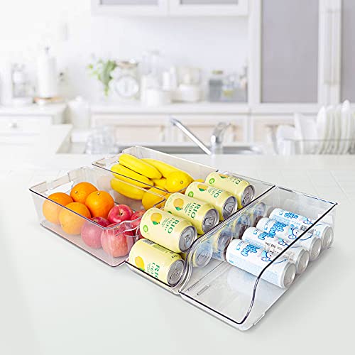 Puricon 4 Pack Clear Plastic Kitchen Organizer, Food Storage Bins and Soda Can Organizer for Refrigerator Fridge Pantry Freeze Cabinets Countertops, BPA Free Fridge Organizer