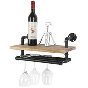 mygift industrial black metal wine glass holder wall mount rack with display shelf, decorative bar stemware hanger with burnt wood floating shelf – holds 6 glasses