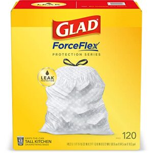 glad forceflex tall drawstring trash bags, 13 gallon white trash bags for tall kitchen trash can, unscented leak protection bags, 120 count – packaging may vary