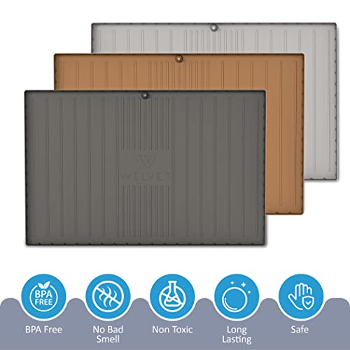 Welvet Under Sink Mat for Kitchen Waterproof 34”X22” Strong Under Sink Drip Tray, Holds Up To 3.3 Gallons water, Thick Cabinet Protector Liner for Kitchen & Bathroom, with Soap Dish & Sponge Brush