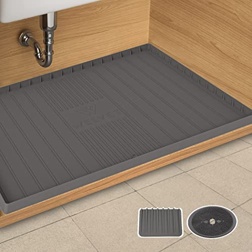 Welvet Under Sink Mat for Kitchen Waterproof 34”X22” Strong Under Sink Drip Tray, Holds Up To 3.3 Gallons water, Thick Cabinet Protector Liner for Kitchen & Bathroom, with Soap Dish & Sponge Brush