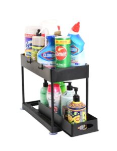 under sink organizer and storage, under sink storage for bathroom and kitchen, bathroom cabinet organizer, sink organizers with hooks, 2 tier under sink organizer with sliding storage drawer