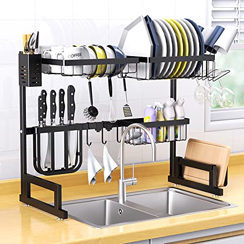 BASSTOP Dish Drying Rack Over Sink, Length Adjustable (25.6''≤Sink Size≤''33.5) Stainless Steel Above Sink Dish Rack Drainer Shelf with 2 Tier 6 Hook for Kitchen Counter Space Saving-Matte Black