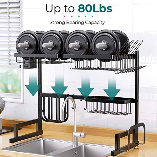 BASSTOP Dish Drying Rack Over Sink, Length Adjustable (25.6''≤Sink Size≤''33.5) Stainless Steel Above Sink Dish Rack Drainer Shelf with 2 Tier 6 Hook for Kitchen Counter Space Saving-Matte Black