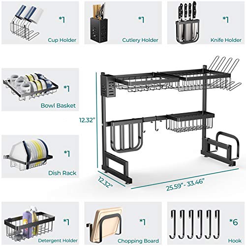 BASSTOP Dish Drying Rack Over Sink, Length Adjustable (25.6''≤Sink Size≤''33.5) Stainless Steel Above Sink Dish Rack Drainer Shelf with 2 Tier 6 Hook for Kitchen Counter Space Saving-Matte Black