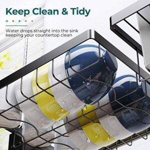 BASSTOP Dish Drying Rack Over Sink, Length Adjustable (25.6''≤Sink Size≤''33.5) Stainless Steel Above Sink Dish Rack Drainer Shelf with 2 Tier 6 Hook for Kitchen Counter Space Saving-Matte Black