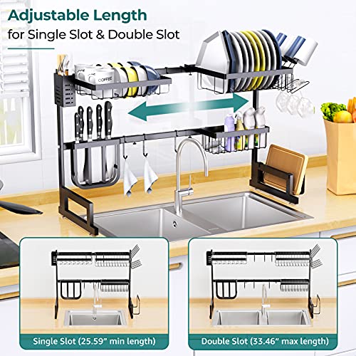 BASSTOP Dish Drying Rack Over Sink, Length Adjustable (25.6''≤Sink Size≤''33.5) Stainless Steel Above Sink Dish Rack Drainer Shelf with 2 Tier 6 Hook for Kitchen Counter Space Saving-Matte Black