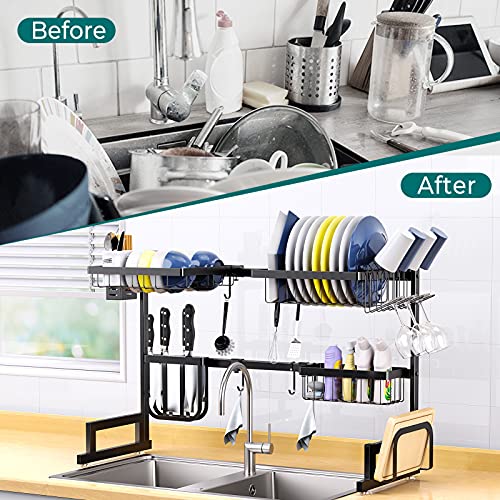 BASSTOP Dish Drying Rack Over Sink, Length Adjustable (25.6''≤Sink Size≤''33.5) Stainless Steel Above Sink Dish Rack Drainer Shelf with 2 Tier 6 Hook for Kitchen Counter Space Saving-Matte Black