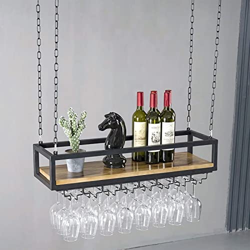 SPTZQURY Ceiling Wine Glass Rack - 31.4in Hanging Wine Rack with Glass Holder and Shelf, Height Adjustable Industrial Hanging Wine Bottle Holder, Black Metal Ceiling Shelf for Bar Cafe Kitchen