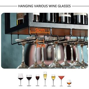 SPTZQURY Ceiling Wine Glass Rack - 31.4in Hanging Wine Rack with Glass Holder and Shelf, Height Adjustable Industrial Hanging Wine Bottle Holder, Black Metal Ceiling Shelf for Bar Cafe Kitchen