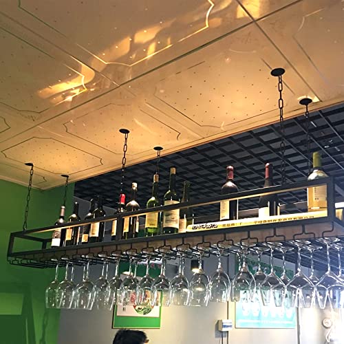 SPTZQURY Ceiling Wine Glass Rack - 31.4in Hanging Wine Rack with Glass Holder and Shelf, Height Adjustable Industrial Hanging Wine Bottle Holder, Black Metal Ceiling Shelf for Bar Cafe Kitchen