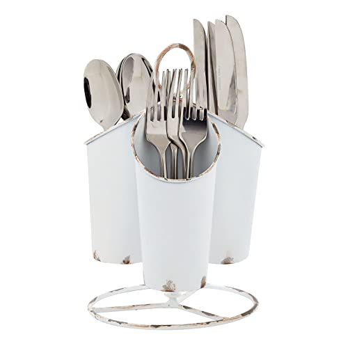 Rotating Kitchen Utensil Holder for Countertop with 3 Compartments, White Flatware Caddy (6 x 10 In)