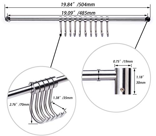 Pot Racks Kitchen sliding hook 20 inches, with 10 stainless steel cutlery racks, wall-mounted pot and lid kitchen racks, spoons, barbecue tools, cookware, towel racks