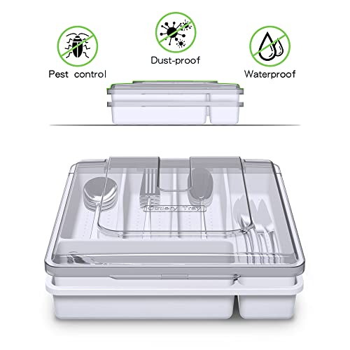 QINOL Silverware Holder with Lid, Double Layer Utensil Tray with Cover Large Flatware Organizer Plastic Cutlery Container for Kitchen Drawer Countertop 10 Compartments, White