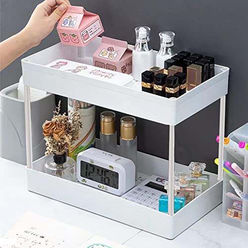 XXFBJNMD Under Sink Organizer, 2 Tier Bathroom Organizer Under Sink with 1 Cup and 4 Hooks, Bathroom Kitchen Multifunctional Under Sink Organizers and Storage (White)