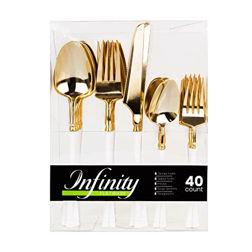 Infinity Modern Flatware Plastic Cutlery Combo Set 40 Count Luxury White & Gold Silverware Set, Service for 8