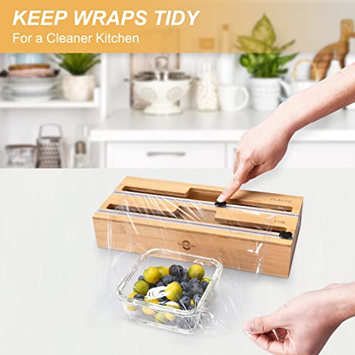 Reneware 2 in 1 WrapBox Foil and Plastic Wrap Organizer - Saran Wrap Dispenser with Cutter, Bamboo Kitchen Drawer Organization for 12” Roll, Aluminum & Cling Film Holder, Foil Holders & Organizers