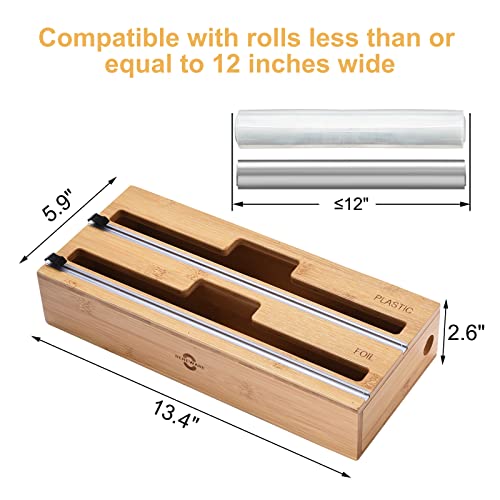 Reneware 2 in 1 WrapBox Foil and Plastic Wrap Organizer - Saran Wrap Dispenser with Cutter, Bamboo Kitchen Drawer Organization for 12” Roll, Aluminum & Cling Film Holder, Foil Holders & Organizers