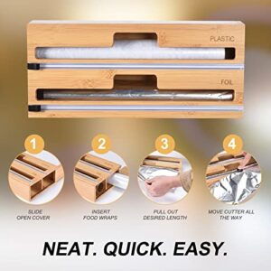 Reneware 2 in 1 WrapBox Foil and Plastic Wrap Organizer - Saran Wrap Dispenser with Cutter, Bamboo Kitchen Drawer Organization for 12” Roll, Aluminum & Cling Film Holder, Foil Holders & Organizers