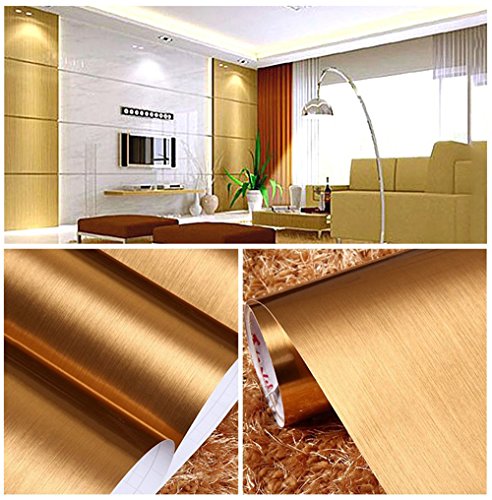 F&U Brushed Metal Look Contact Paper Film Vinyl Self Adhesive Backing Waterproof Metallic Gloss Shelf Liner Peel and Stick Wall Decal for Covering Counter Top Kitchen Cabinet (24 X 78.7 inch, Gold)