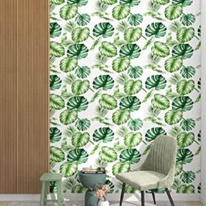 Self Adhesive Green Palm Leaf Shelf Liner Contact Paper Decorative Peel and Stick Tropical Wallpaper Cabinets Dresser Drawer Table Walls Furniture Sticker 17.5X117 Inches