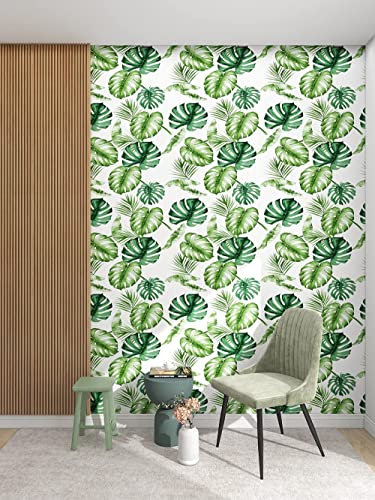 Self Adhesive Green Palm Leaf Shelf Liner Contact Paper Decorative Peel and Stick Tropical Wallpaper Cabinets Dresser Drawer Table Walls Furniture Sticker 17.5X117 Inches