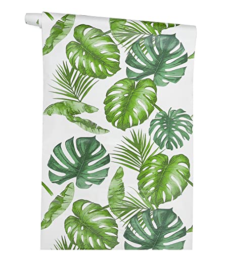 Self Adhesive Green Palm Leaf Shelf Liner Contact Paper Decorative Peel and Stick Tropical Wallpaper Cabinets Dresser Drawer Table Walls Furniture Sticker 17.5X117 Inches